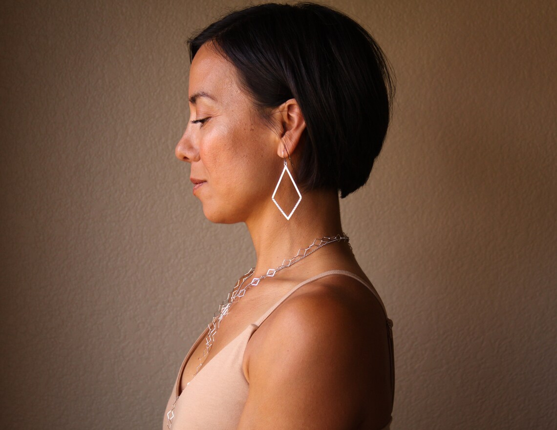 Long Geometric Pair of Diamond Shape Sterling Silver Dangle Earrings W ...