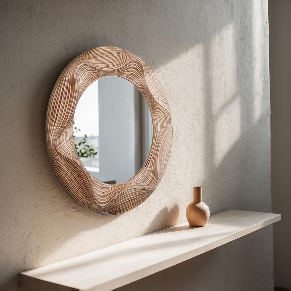 Elegant Round Wood Mirror With Organic Asymmetrical Shape-ideal ...