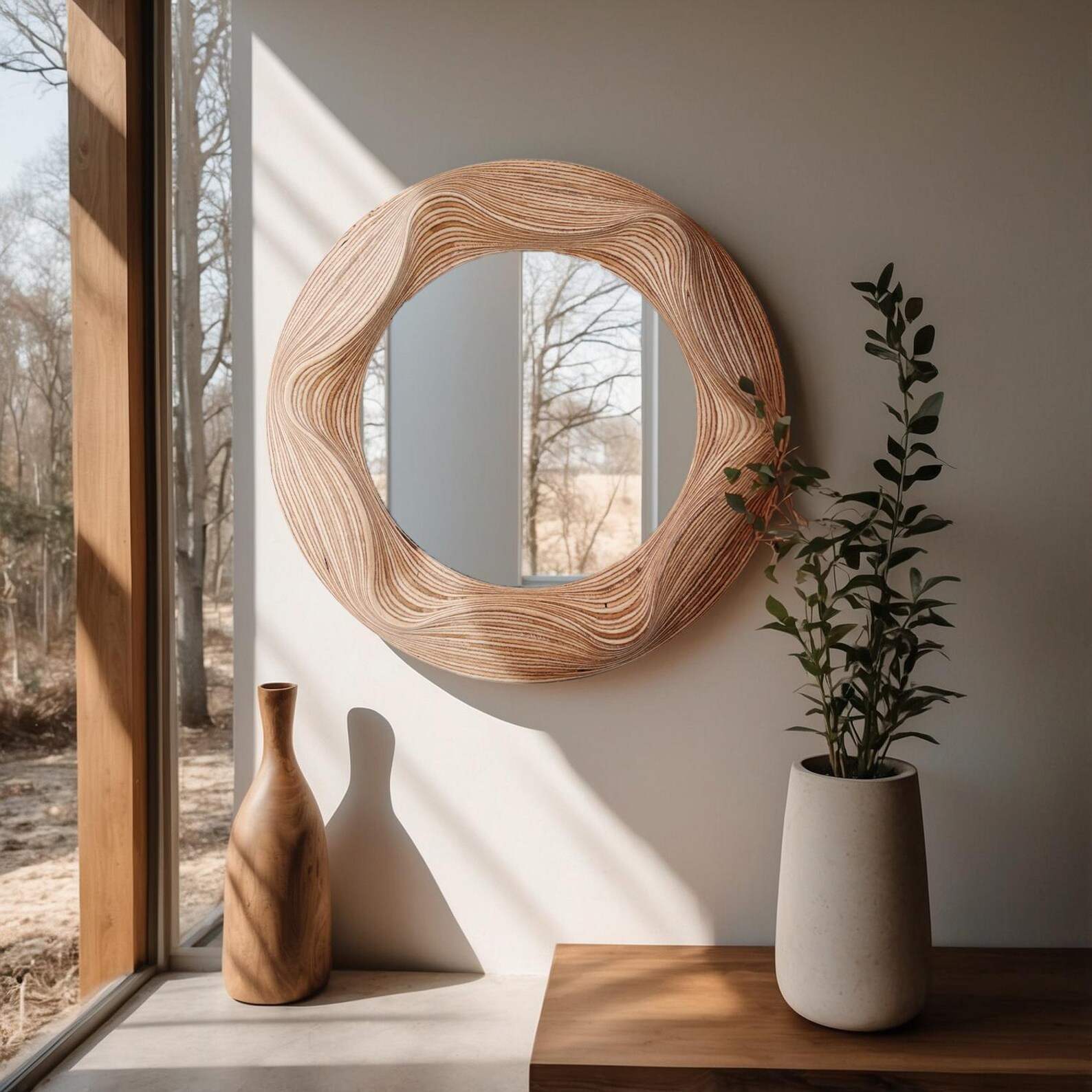 Elegant Round Wood Mirror With Organic Asymmetrical Shape-ideal ...