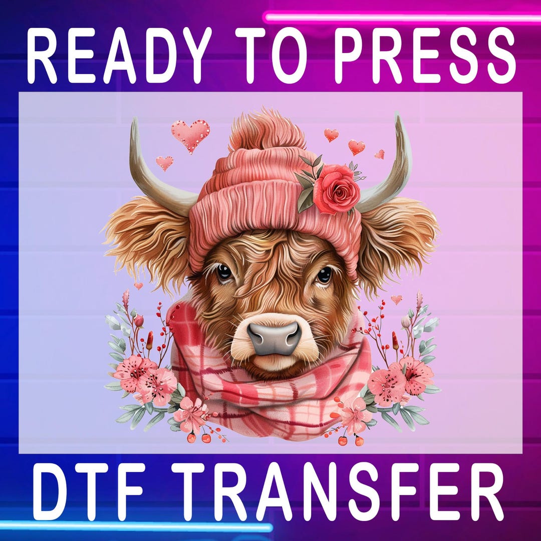 Floral Highland Cow Dtf, Cute Cow Ready to Press, Valentine's Day Dtf ...