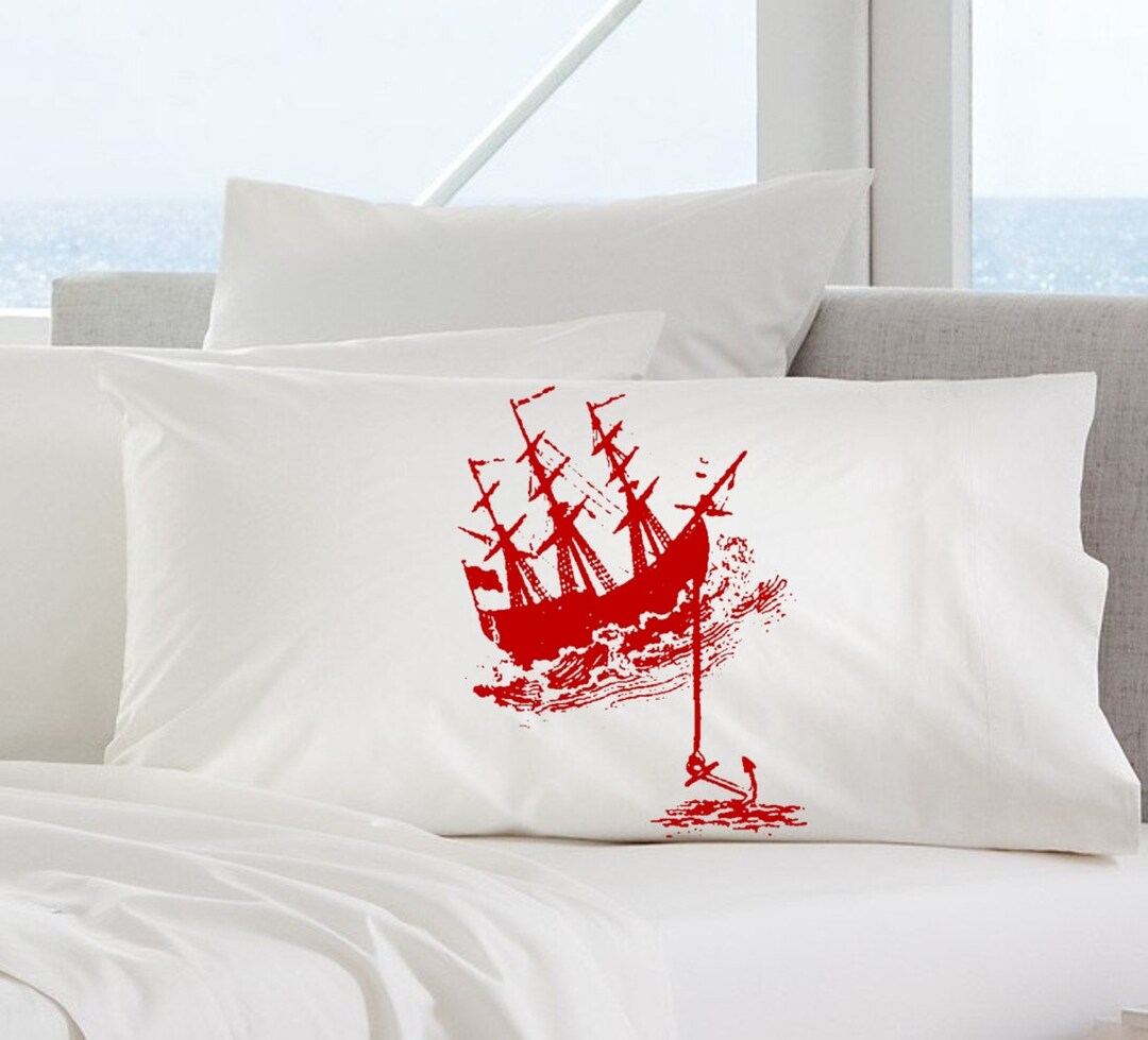 Ship Pillow Cover Anchor Red Nautical Boat Queen Size Cotton Pillow ...
