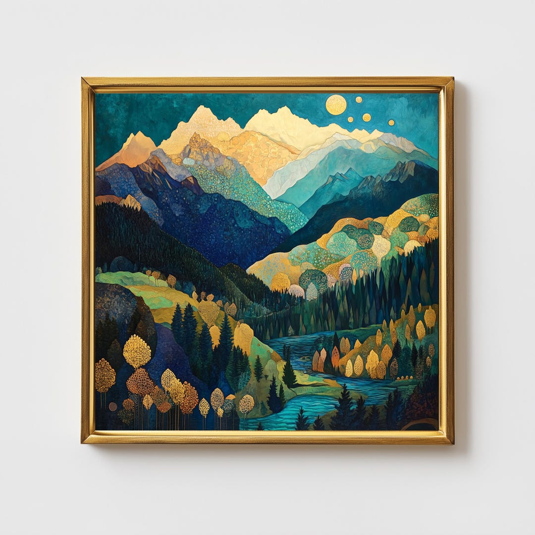 Gustav Klimt Style Mountains Landscape Painting. Naive Symbolism ...