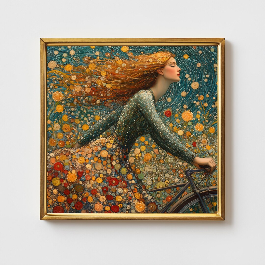 Gustav Klimt Modern Bicycle Woman Painting. Naive Symbolism Eclectic ...