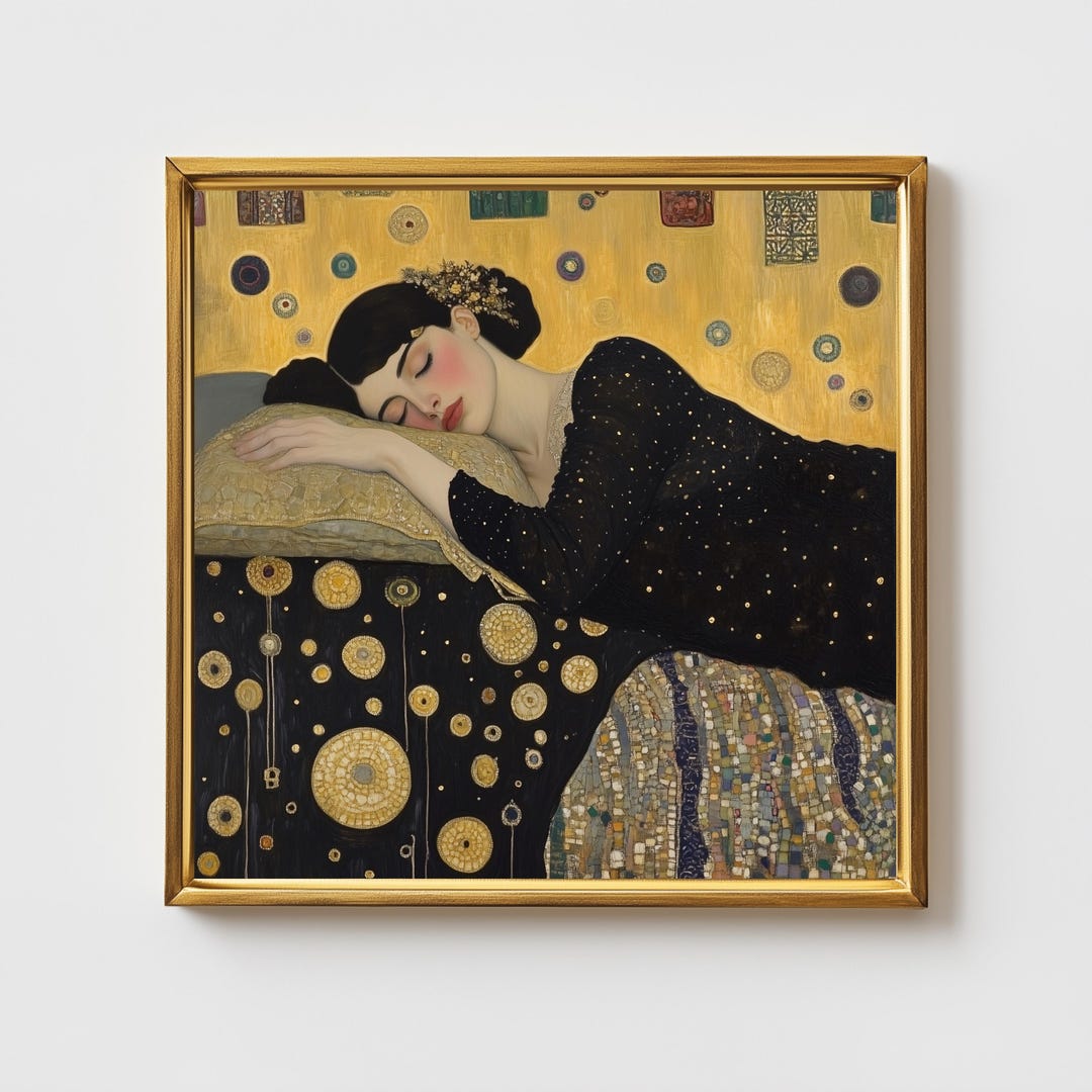 Gustav Klimt Style Woman Sleeping Painting. Naive Symbolism Eclectic ...