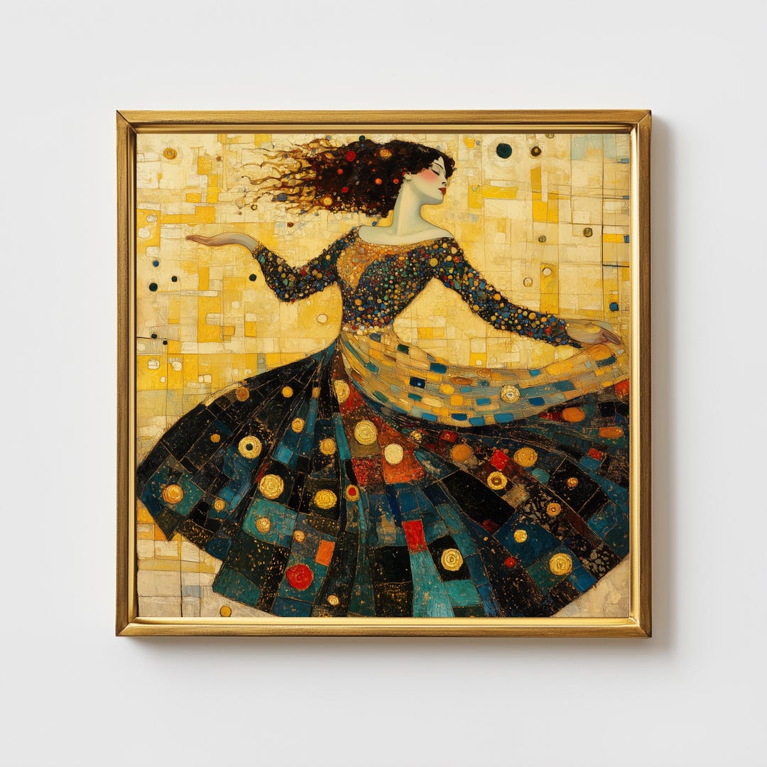 Gustav Klimt Style Woman Dancing Skirt Painting. Naive Symbolism ...