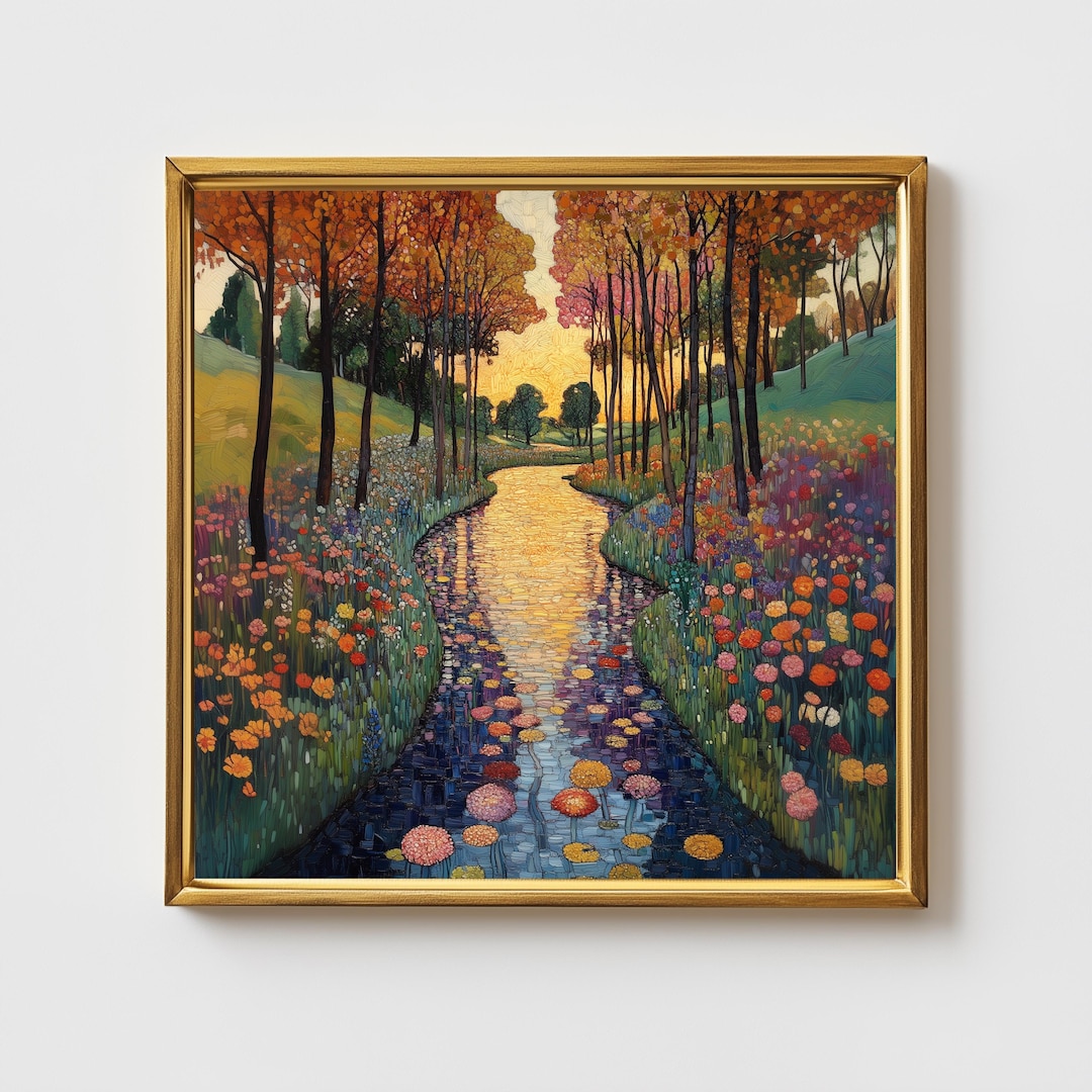 Gustav Klimt Style River Landscape Squared Painting. Naive Symbolism ...