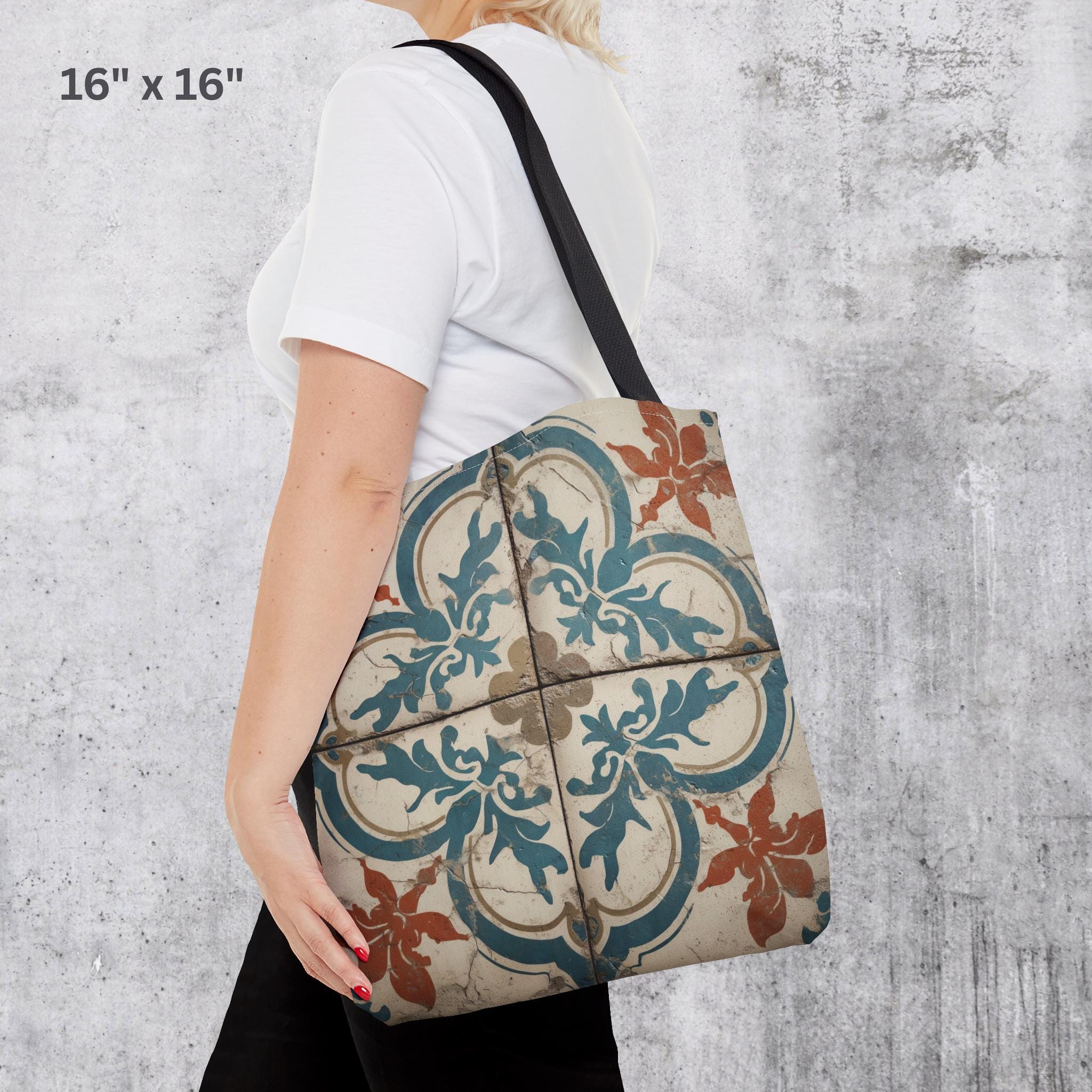 Vintage Ceramic Floor Tile Pattern Tote Bag. Cyan Red Aesthetic Antique ...
