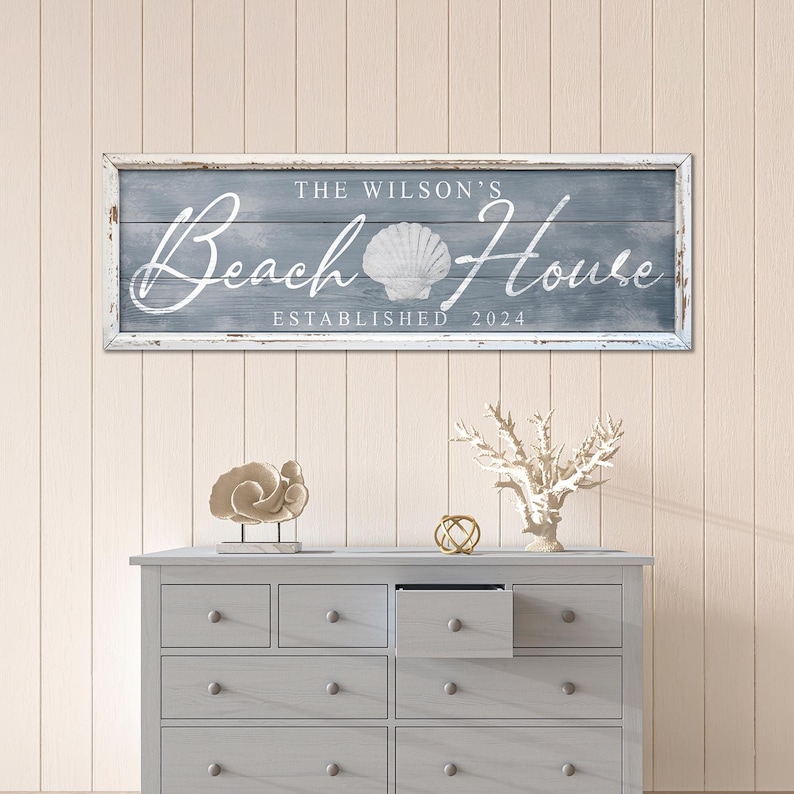 Custom Beach House Sign, Personalized Family Name Aquatic Canvas Print ...