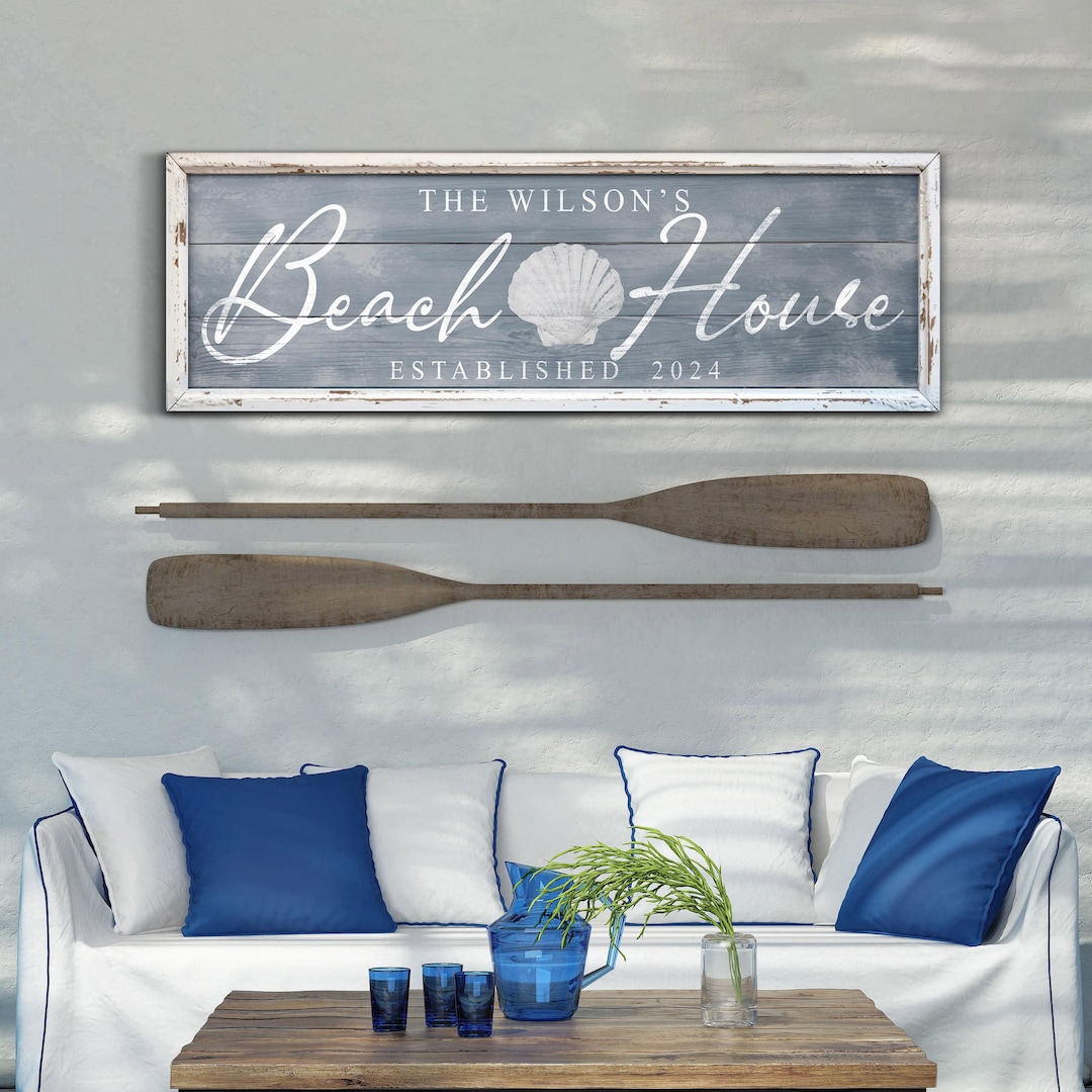 Custom Beach House Sign, Personalized Family Name Aquatic Canvas Print ...