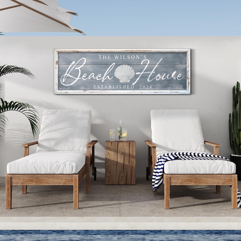 Custom Beach House Sign, Personalized Family Name Aquatic Canvas Print ...
