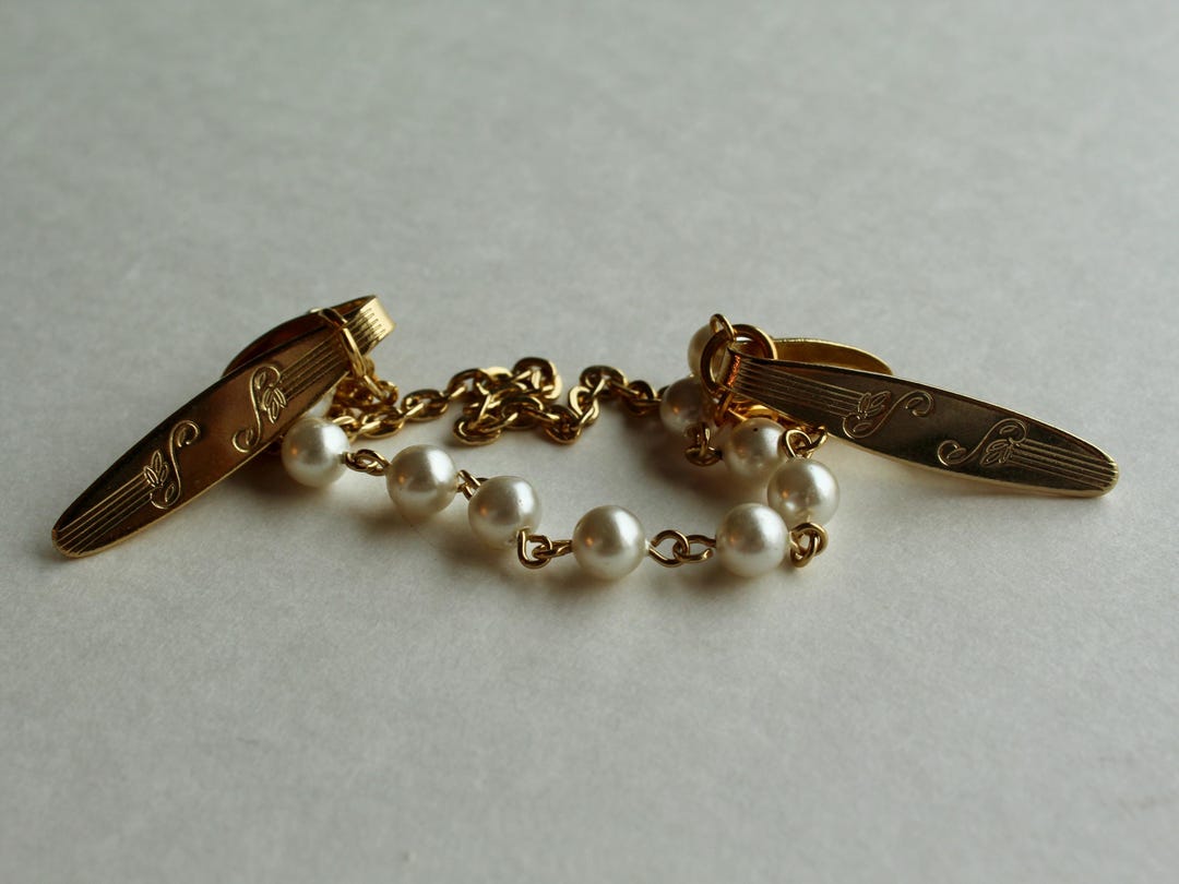 Vintage 1970 Sweater Guard | Goldtone Cardigan Clips With Faux Pearl ...