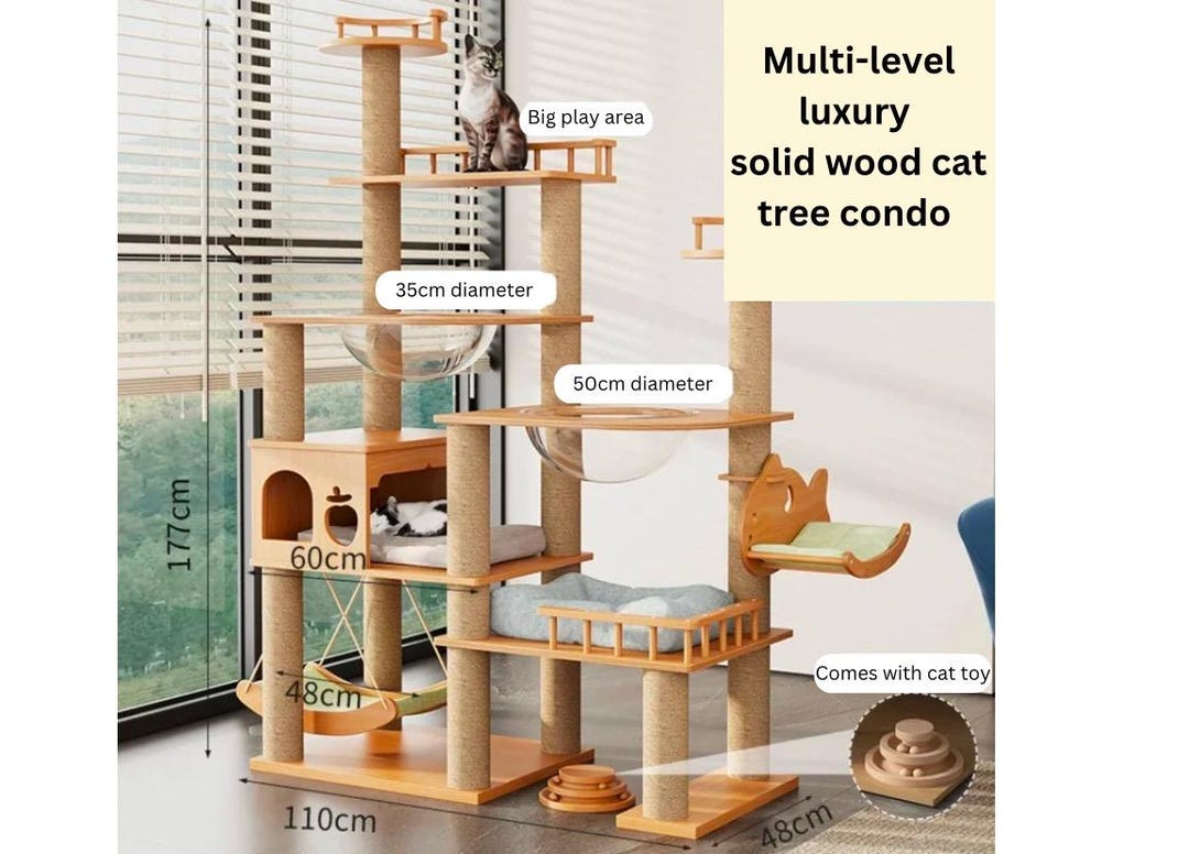 Real Solid Wood Luxury Indoor Cat Tree Cat Condo, With Transparent Cat ...