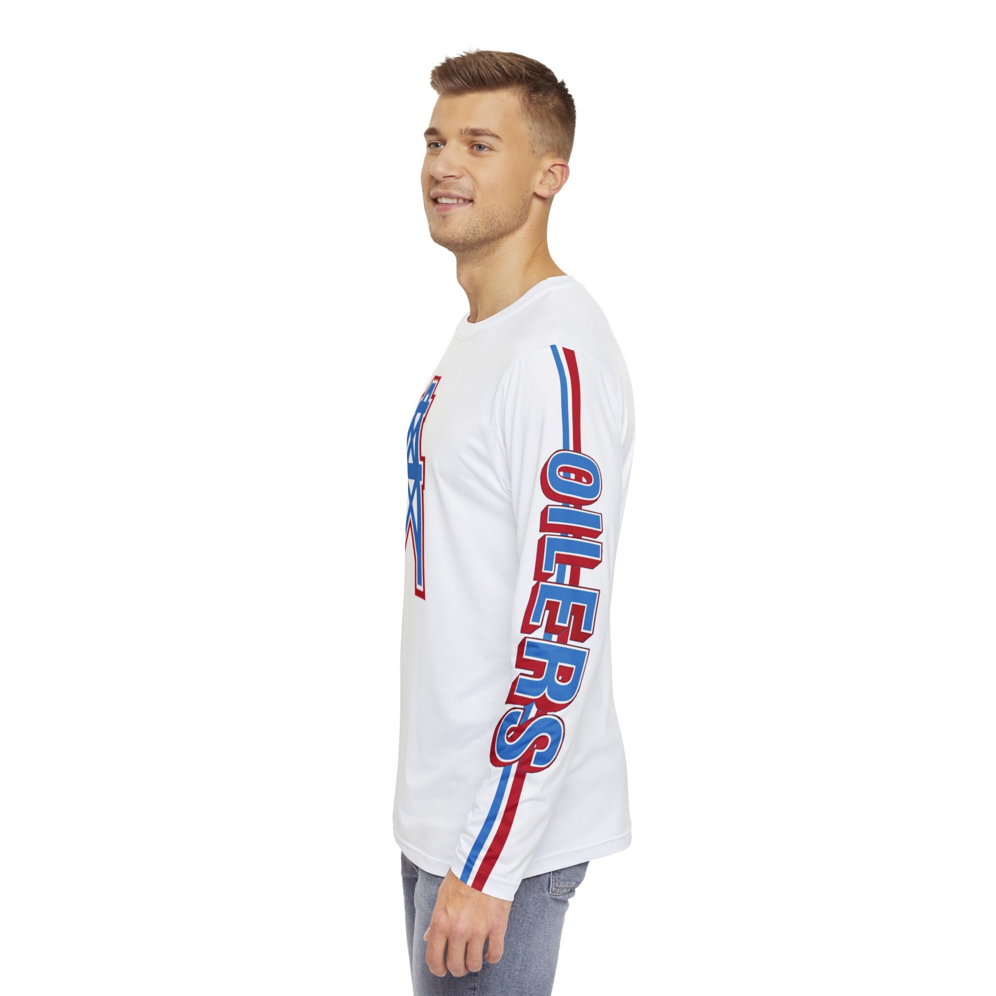 Houston Oilers Mens Long Sleeve Tee White Tee, Red Blue Sleeve Stripes ...