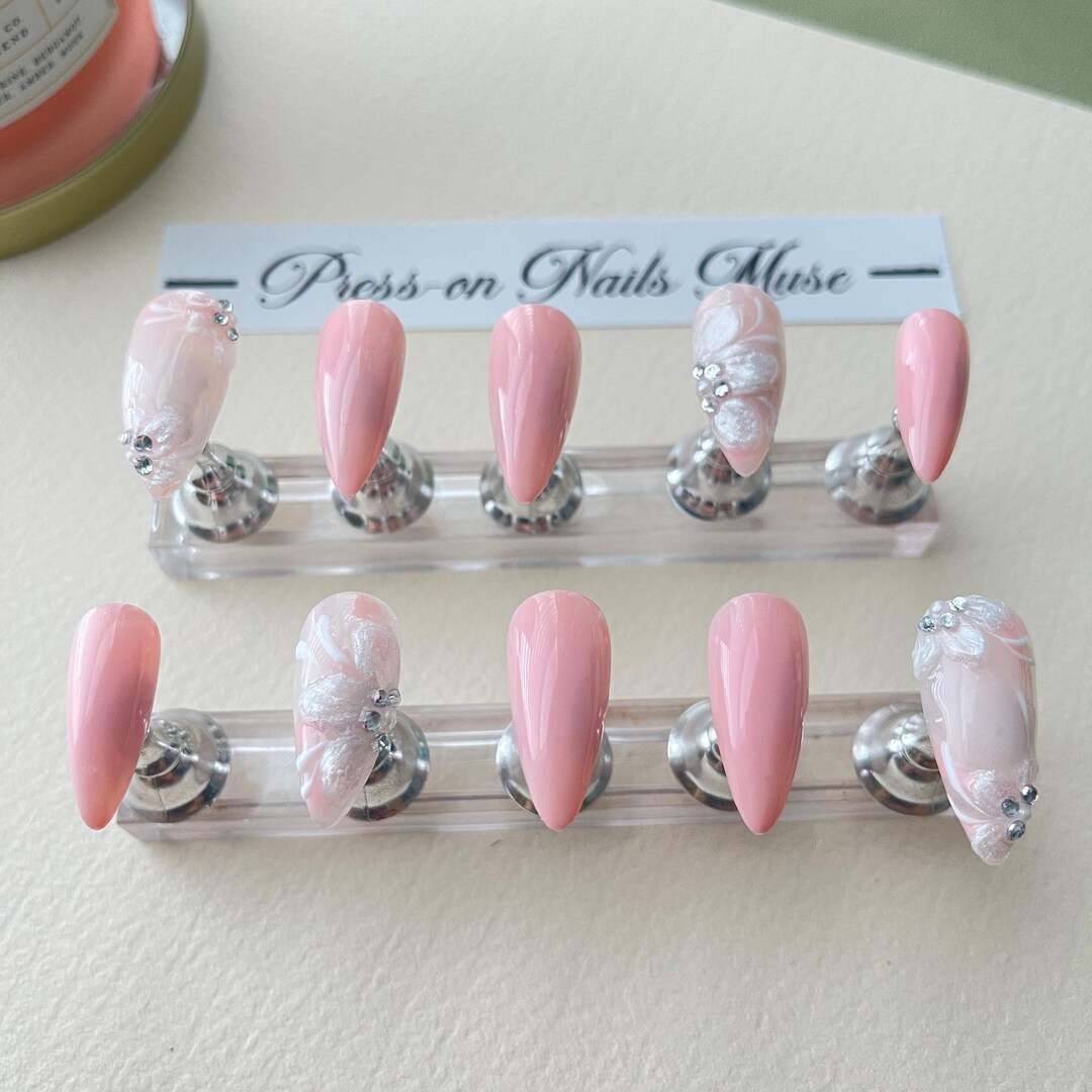 Pink Nails With 3d Sculpted Flowers and Rhinestones | Reusable Handmade ...