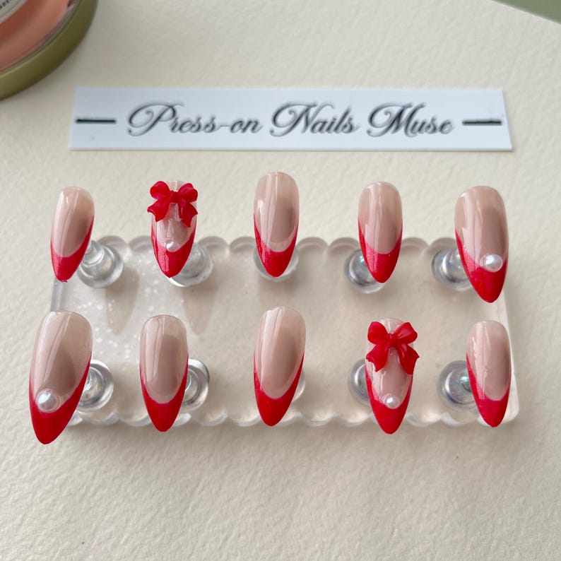 Red French Nails With Red Bow and Pearl Nail Charm | Reusable Handmade ...