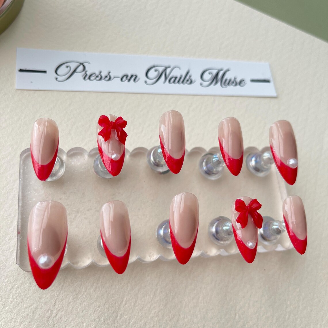 Red French Nails With Red Bow and Pearl Nail Charm | Reusable Handmade ...