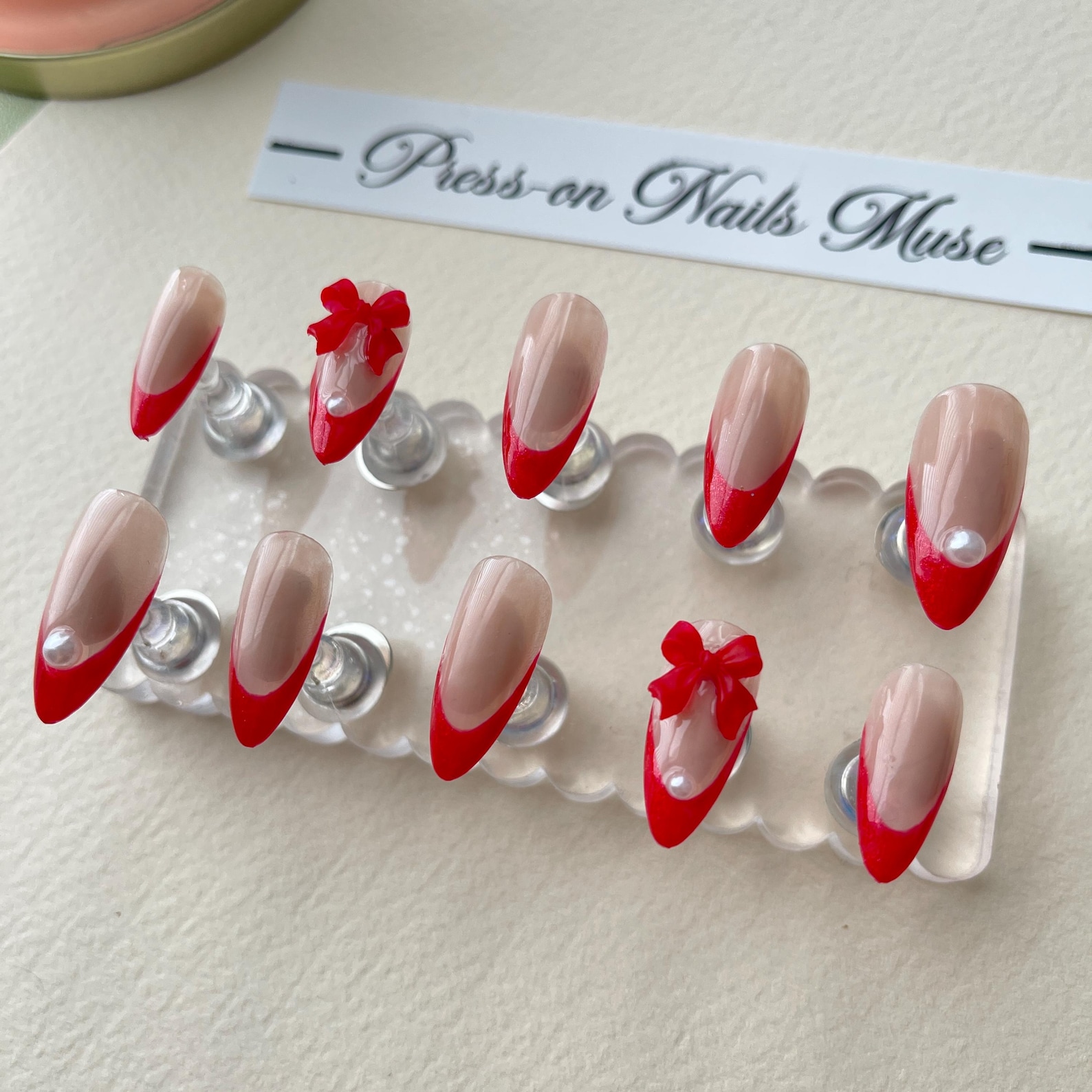Red French Nails With Red Bow and Pearl Nail Charm | Reusable Handmade ...