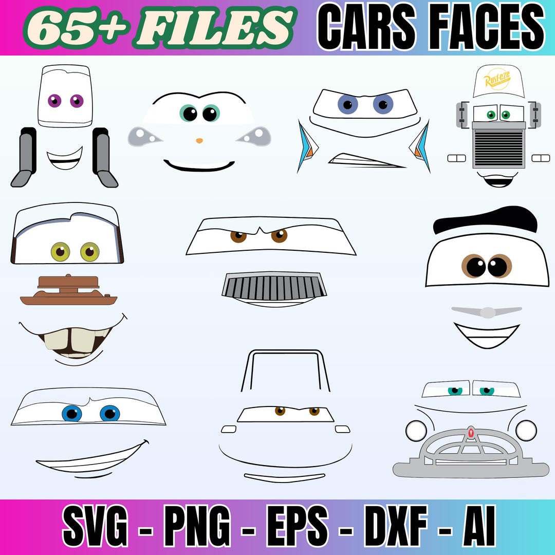 Cars Faces SVG Cliparts Bundle, Cars Tshirt Design Cartoon Cliparts ...