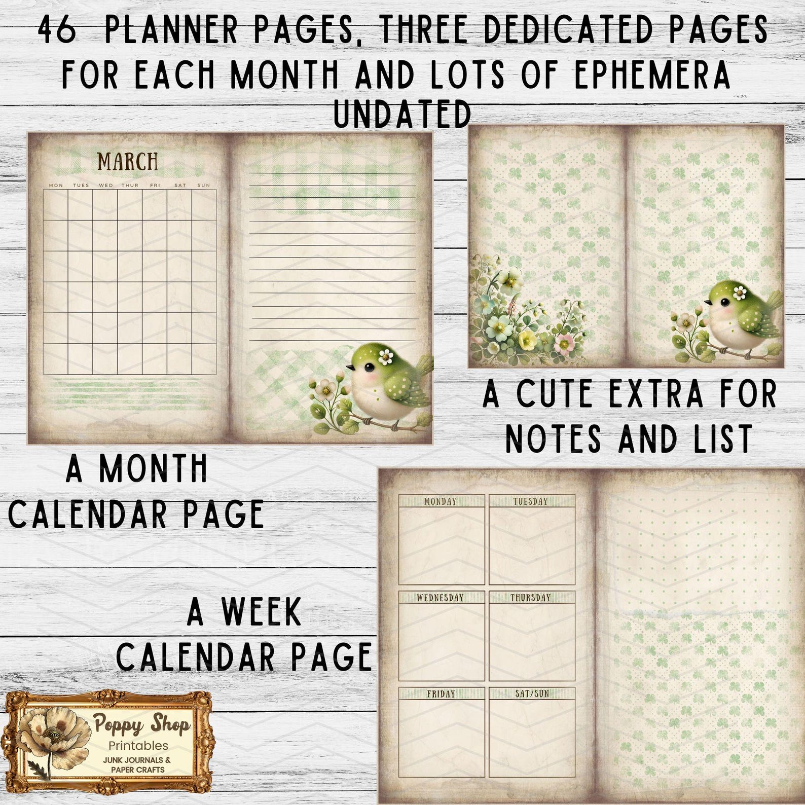 Shabby Birds Printable Planner Kit, Monthly Printable Planner, Month ...