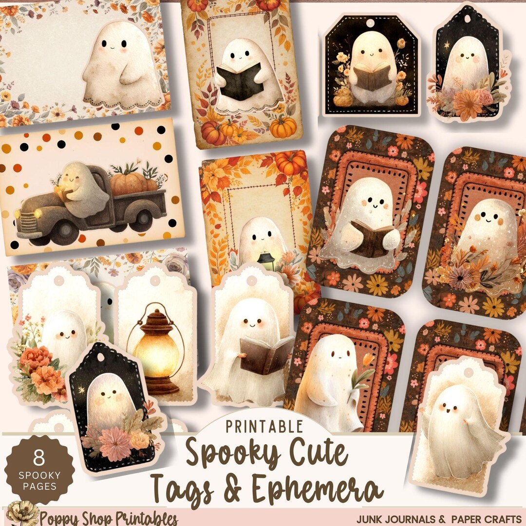 Boho Ghost Tags and Ephemera Set, Spooky Cute Junk Journal Fussy Cuts ...