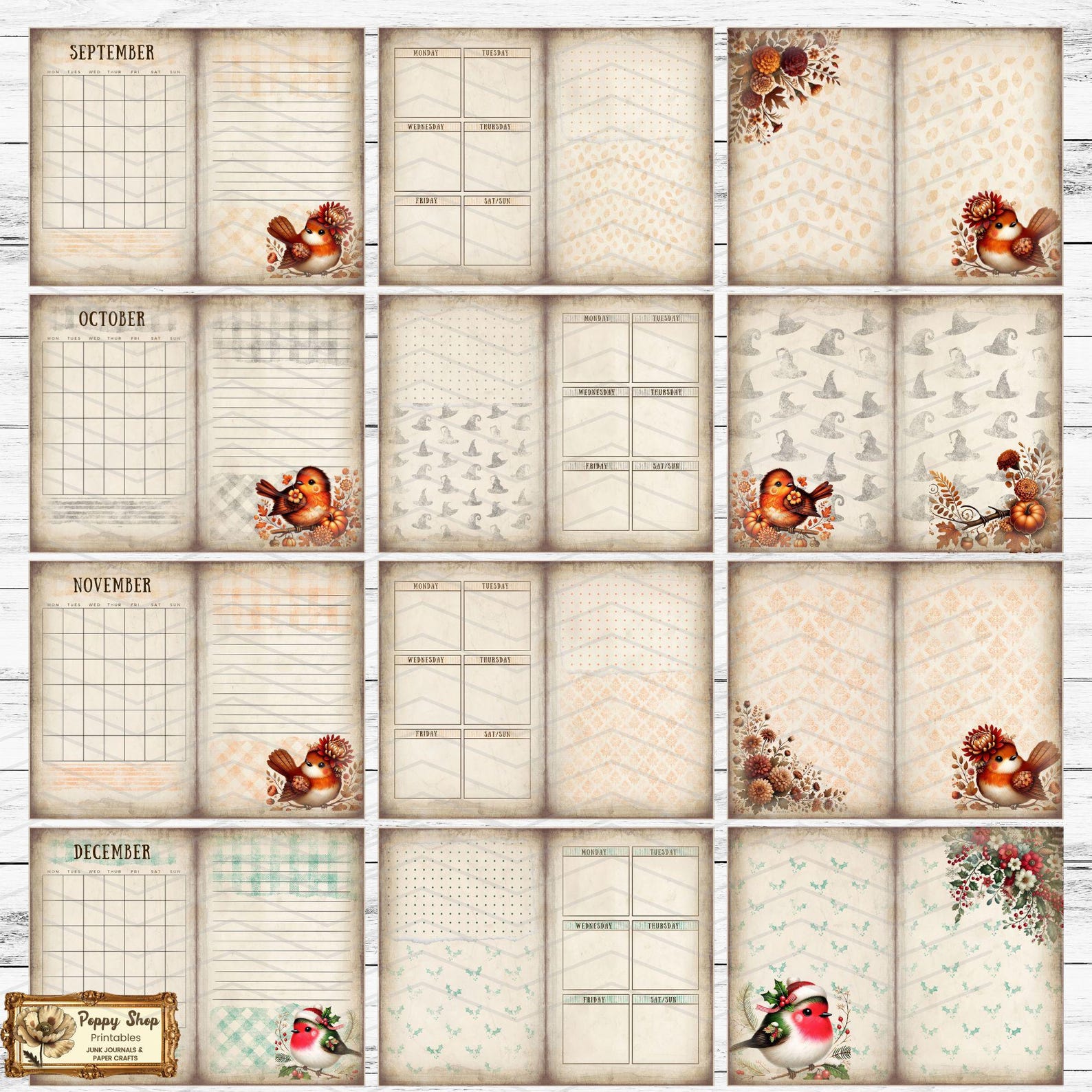 Shabby Birds Printable Planner Kit, Monthly Printable Planner, Month ...