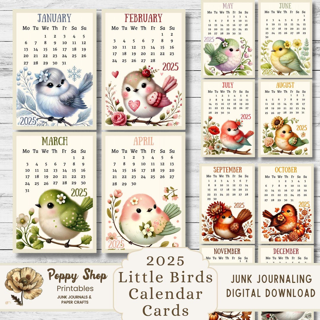 2025 Calendar Cards, 2025, Birds, Monthly Calendar, Printable Calendar ...