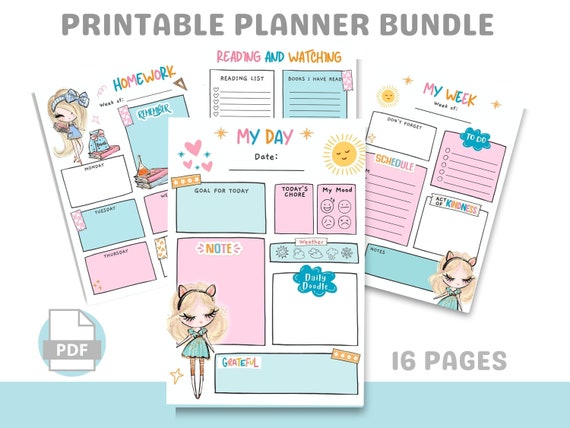 Printable Planner Bundle, Cute Planner Kit, For Kids, Girl, Page ...