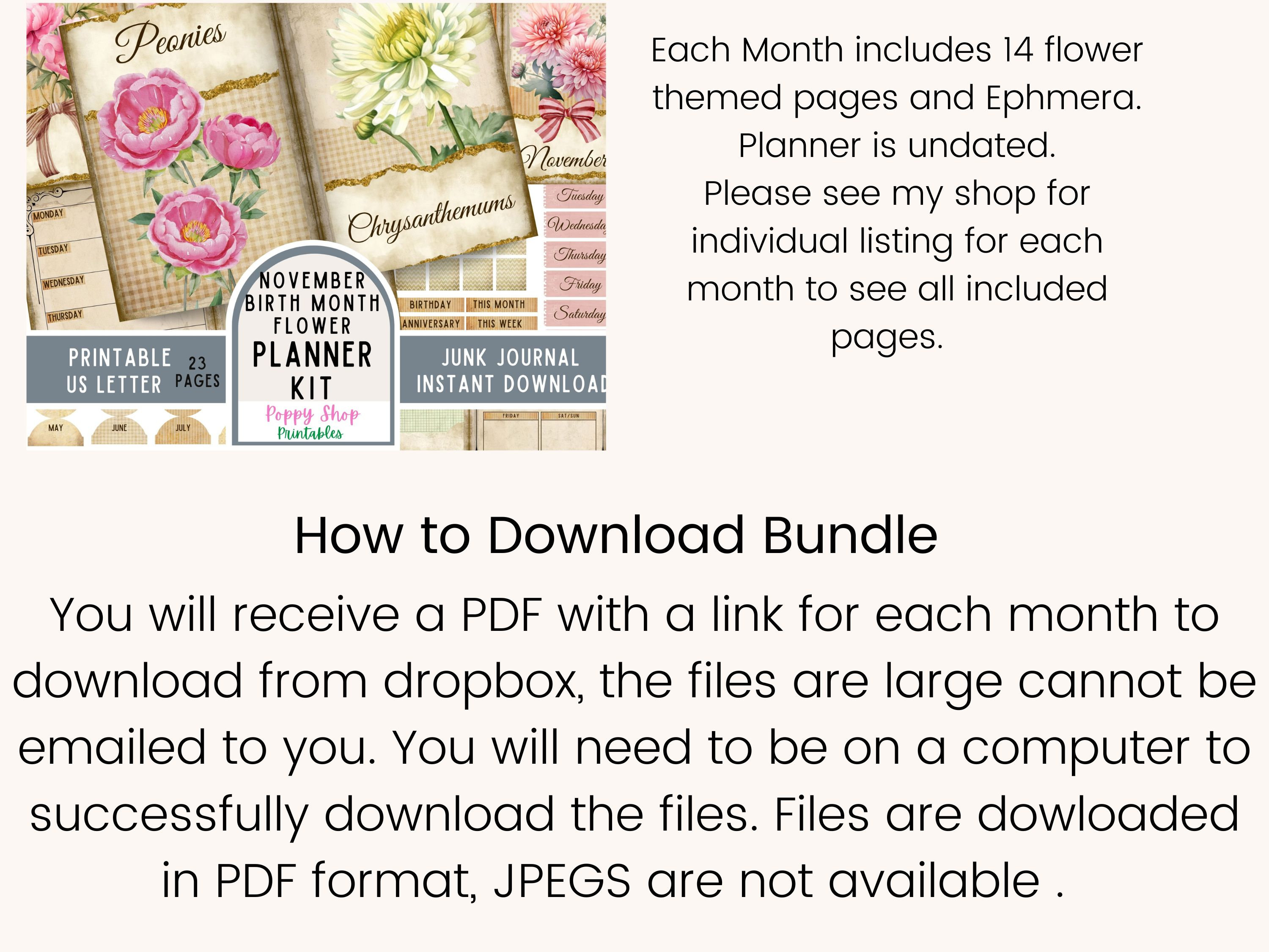 Printable Planner Junk Journal Bundle, Birth Flower Monthly Floral ...