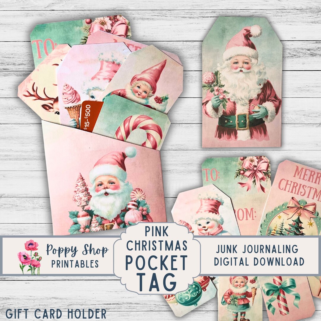 Pink Christmas Pocket Tag, Santa, Gift Card Holder, Christmas, Pocket ...
