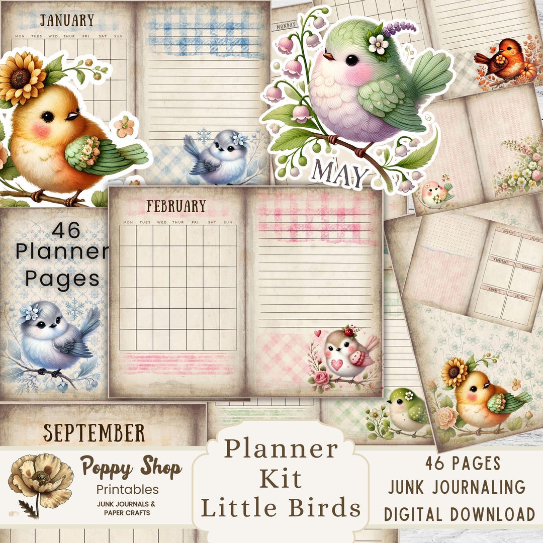 Shabby Birds Printable Planner Kit, Monthly Printable Planner, Month ...