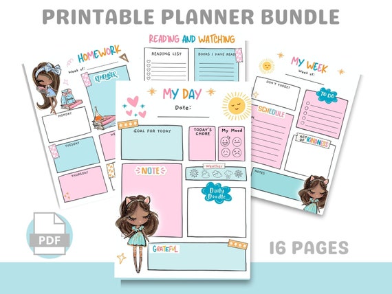 Printable Planner Bundle, Cute Planner Kit, For Kids, Girl, Page ...