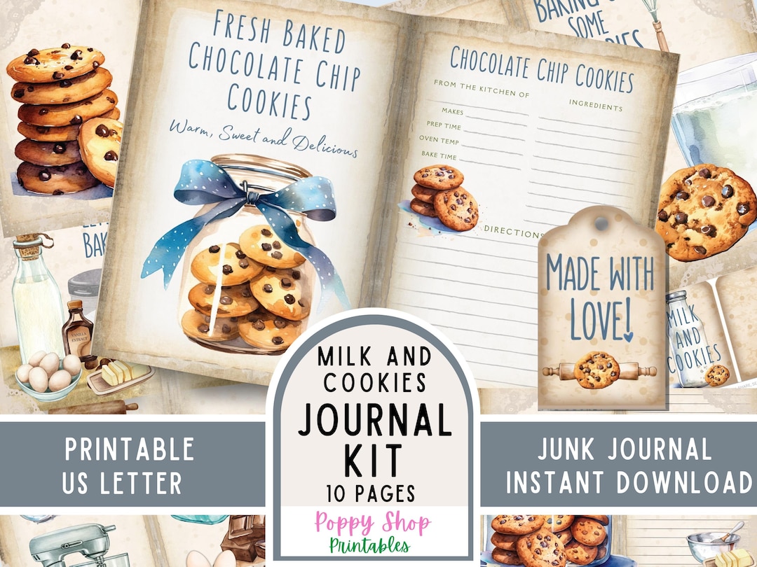 Milk and Cookies, Junk Journal Kit, Recipe, Baking, Chocolate Chip ...
