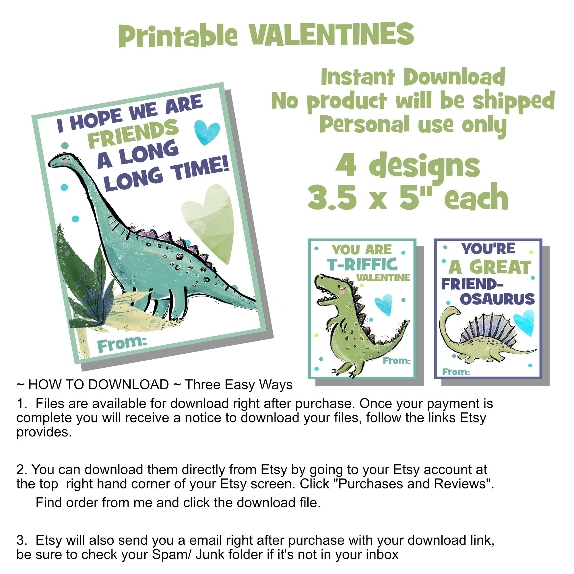 Dinosaur Valentines Day Cards Printable Classroom Valentines - Etsy