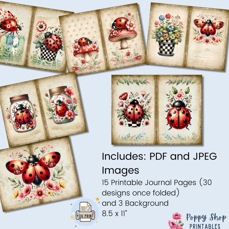 Ladybug Junk Journal, Ladybug Journal Pages, Floral, Colorful ...
