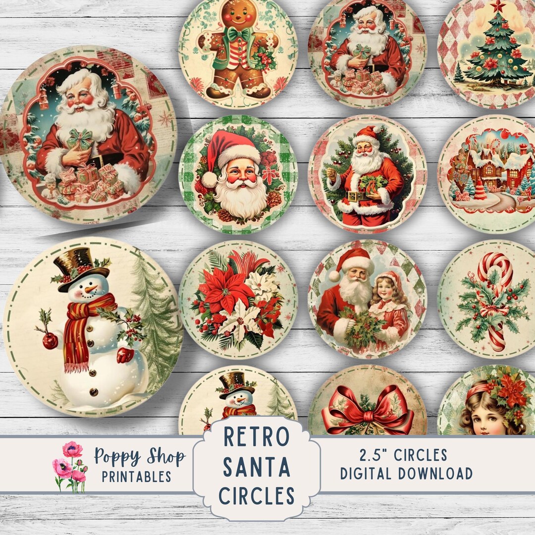 Retro Santa Circle Tags Gift Labels 2.5 Inches, DIY, Christmas, Tag ...