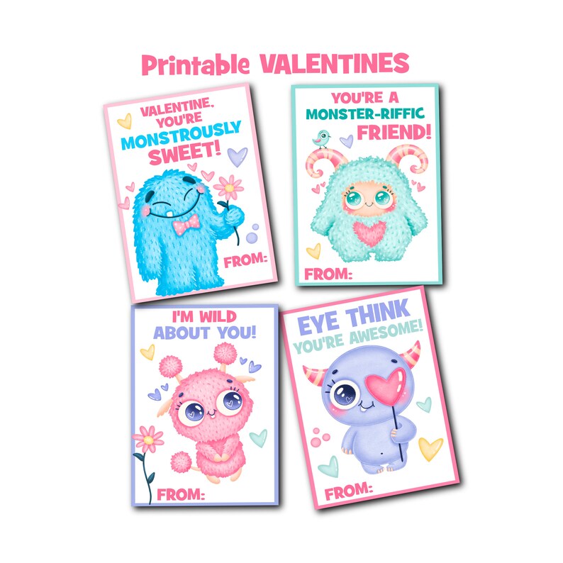 Monster Valentines Day Cards Printable Classroom Valentines - Etsy