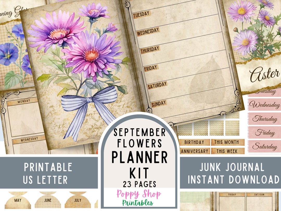 Planner Junk Journal Kit, September, Flowers, Vintage, Aster, Printable ...