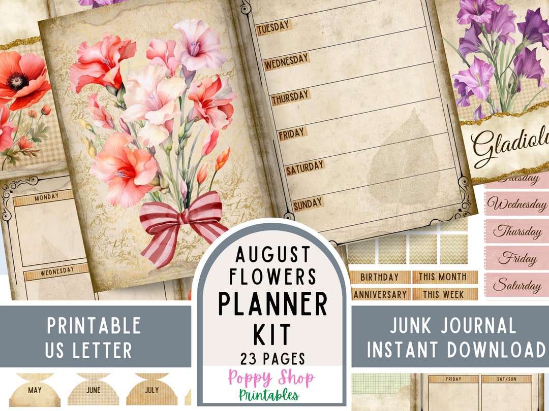 Planner Junk Journal Kit, August, Flowers, Vintage, Poppy, Gladiolus ...