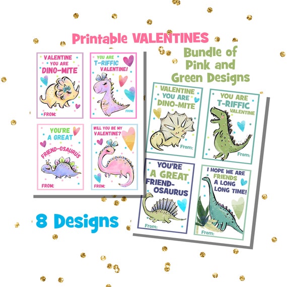 Dinosaur Valentines Day Cards, Bundle Printable, Classroom Valentines ...