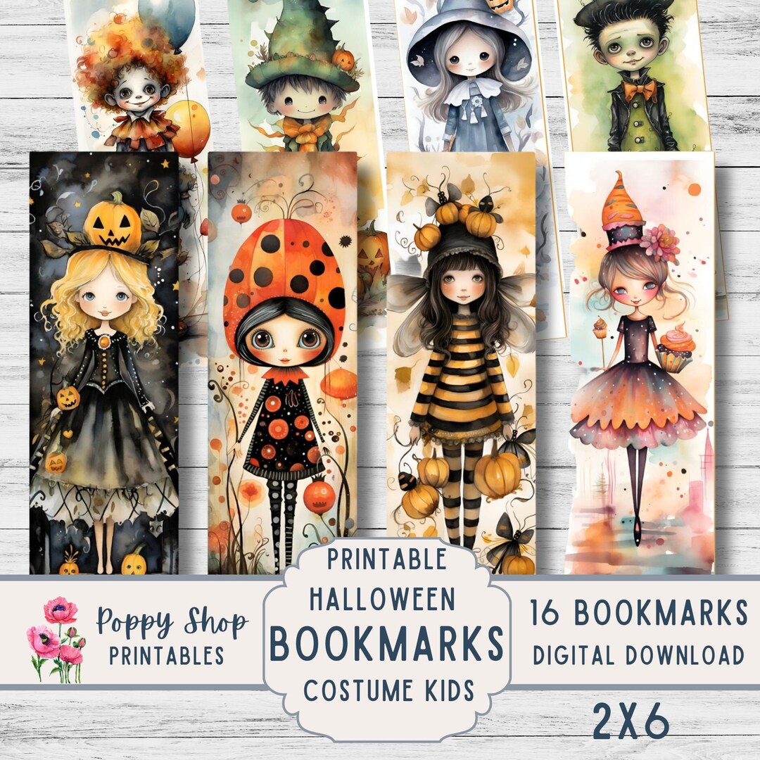 Halloween Bookmark, Printable Bookmark, Cute Kids in Costume, Whimsical ...