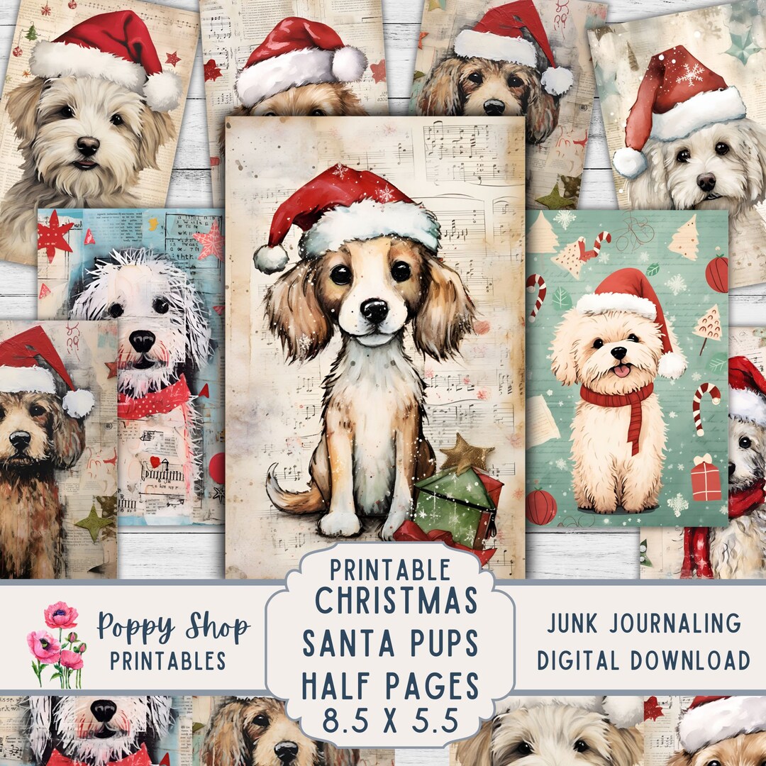 Christmas Dogs Junk Journal Half Page Papers, Puppy, Santa, Printable ...