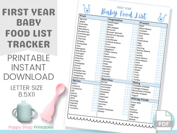 First Year Baby Food Tracker, Printable, INSTANT DOWNLOAD, Baby Food ...