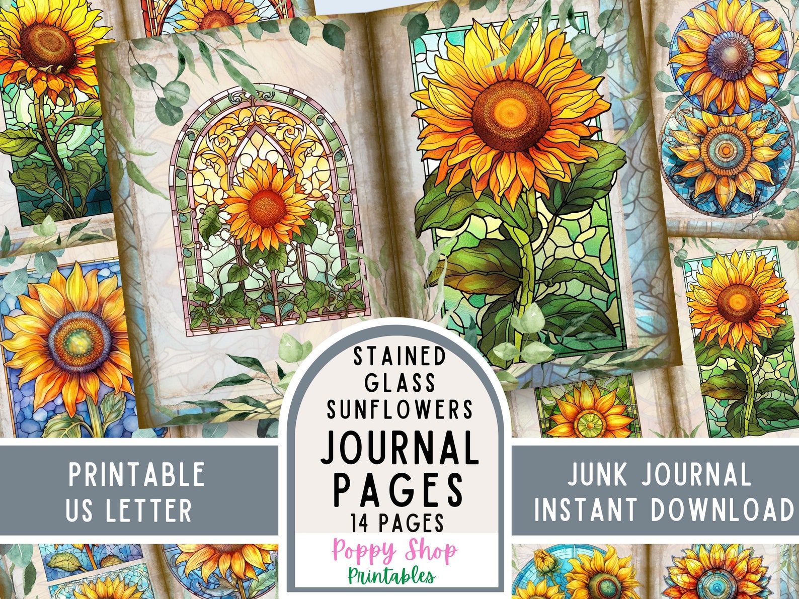 Stained Glass Sunflower Journal Pages, Junk Journal, Printable Pages ...