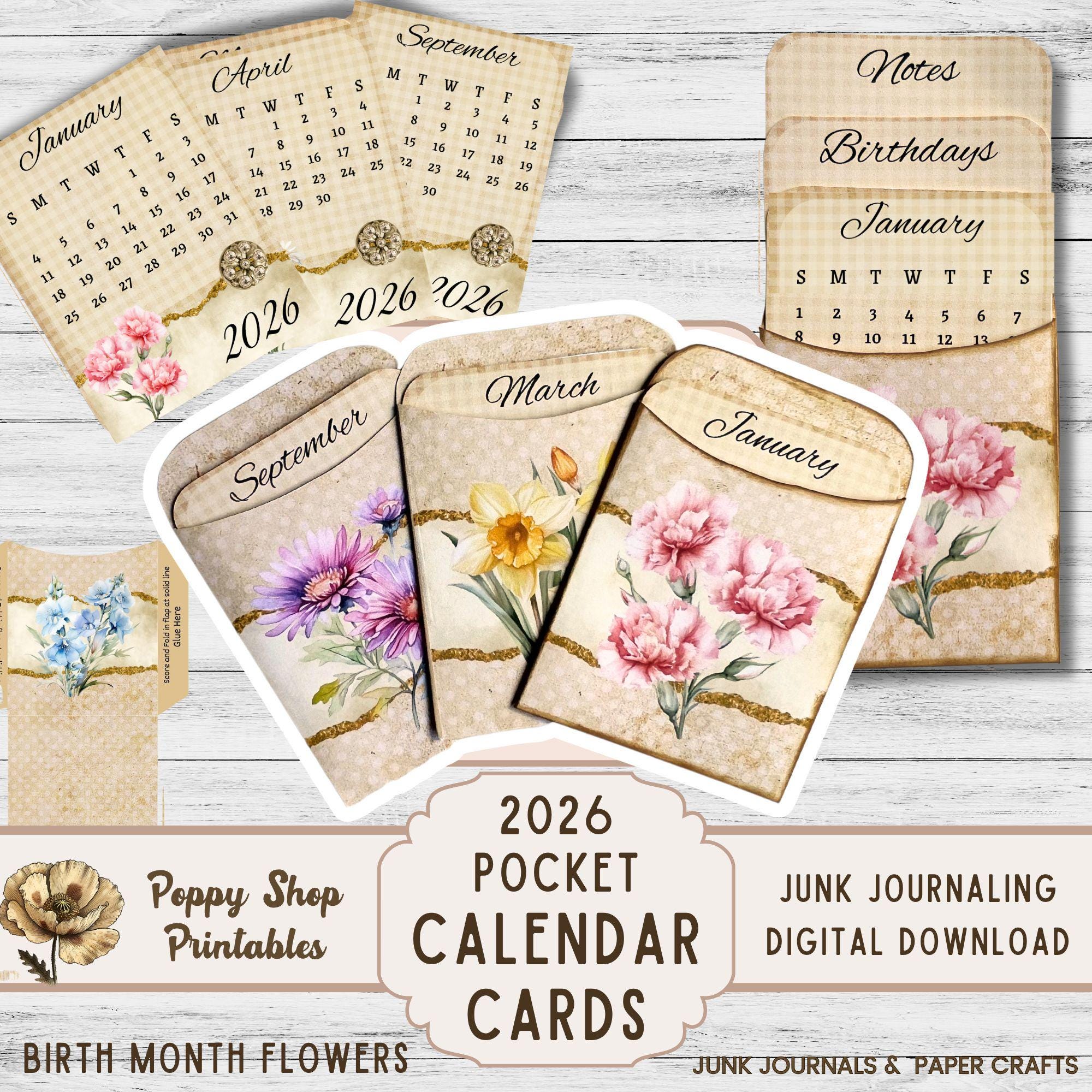 2026 Calendar Pocket and Cards, Birth Month Flower, Mini, Monthly ...