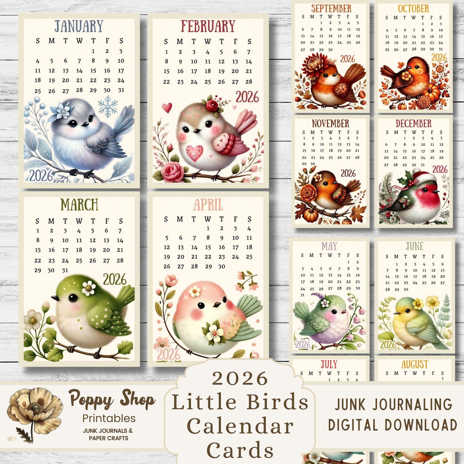 2026 Printable Calendar Cards, Birds Monthly Calendar for Junk Junk ...