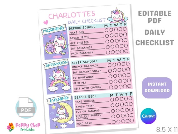 Daily Routine Checklist for Kids, Printable For Kids, Daily Routine ...