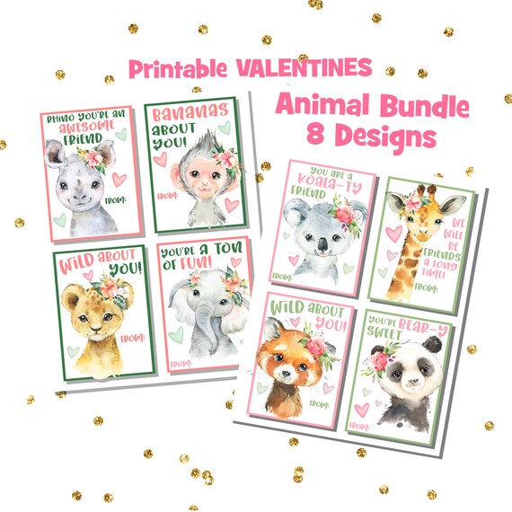 Safari Animal Valentines Day Cards, Animal, Bundle, Valentine ...