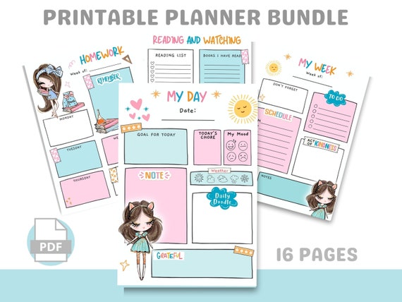 Printable Planner Bundle, Cute Planner Kit, For Kids, Girl, Page ...