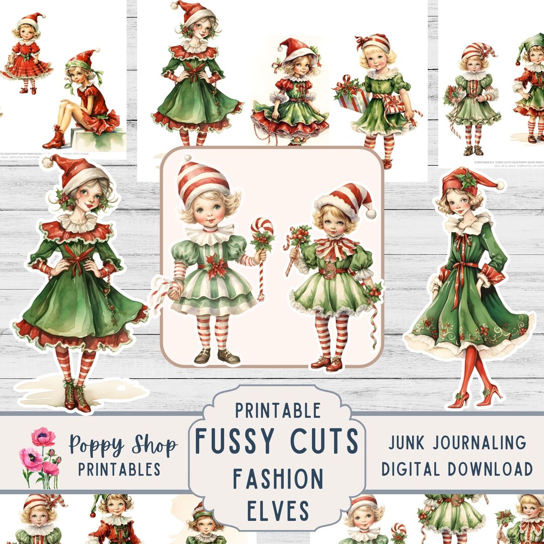 Christmas Elf Fussy Cuts, Printable, Fashion Elves, Vintage, Whimsical ...
