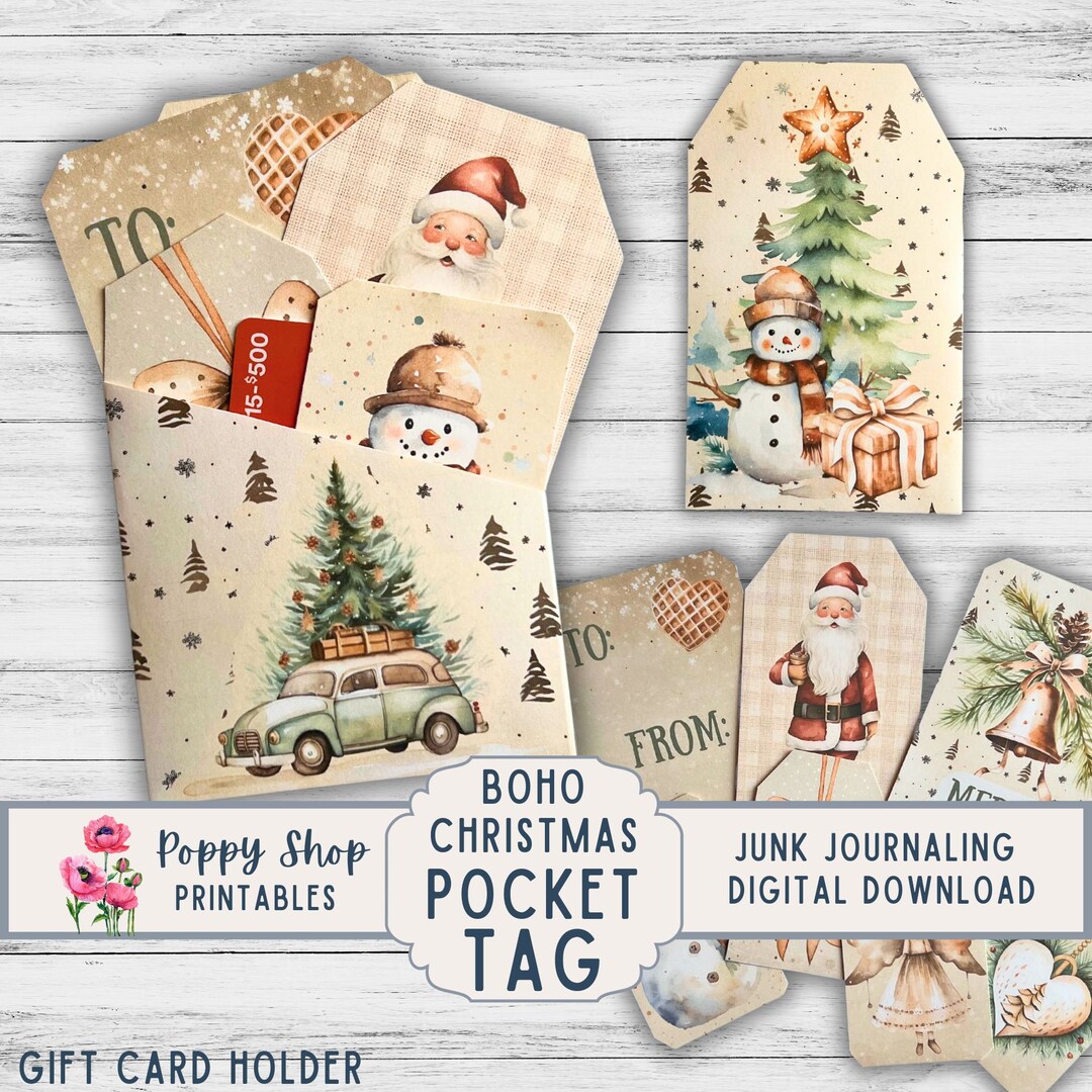 Boho Christmas Pocket Tag, Neutral, Christmas, Gift Card Holder, Pocket ...